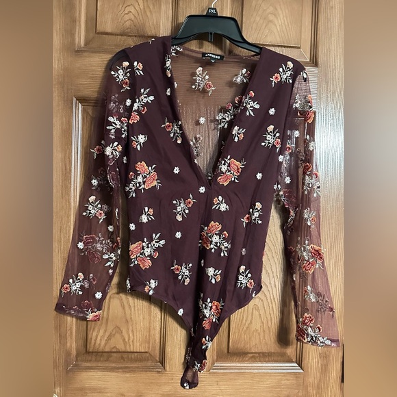 Express | Tops | Floral Embroidered Sheer Bodysuit Maroon | Poshmark